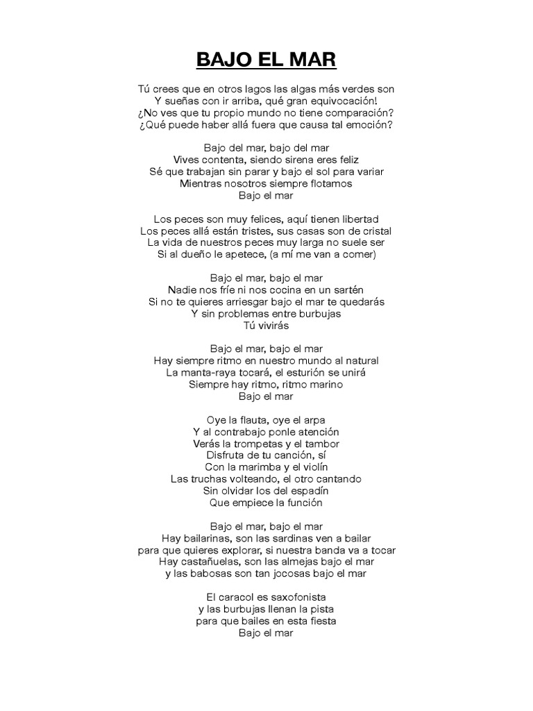 Letra de "Bajo el mar" | PDF