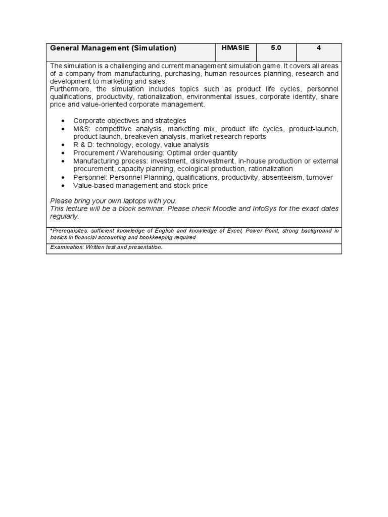 Management Simulation Game Overview | PDF