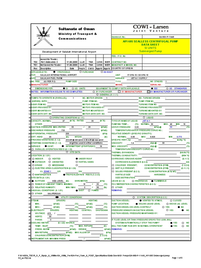 API 685 Sealless Centrifugal Pump Data Sheet for Jet A-1 Supply Pumps ...