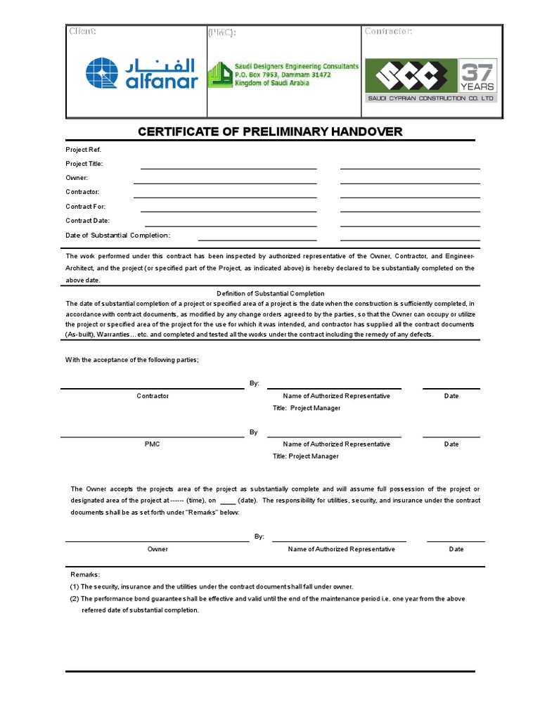 PD - sf026.R1 Certificate of Preliminary Handover | PDF | Engineering ...