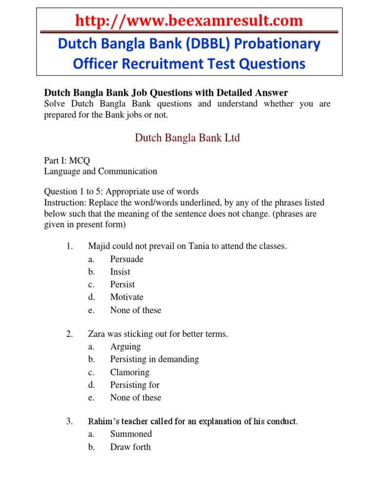 Dutch Bangla Bank (DBBL) Probationary Officer Recruitment Test ...