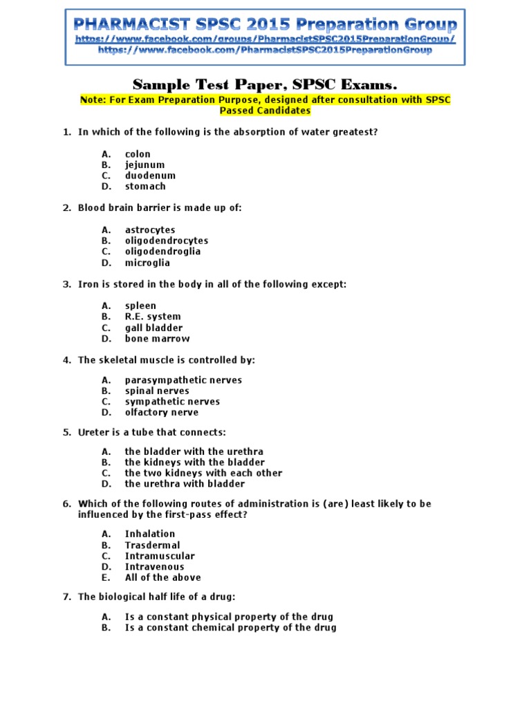 Sample Test Paper | PDF | Urinary Bladder | Pharmacokinetics