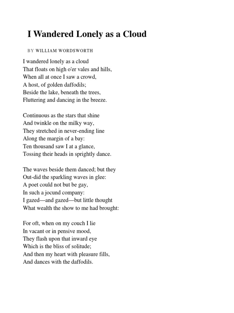 I Wandered Lonely As A Cloud: William Wordsworth | PDF