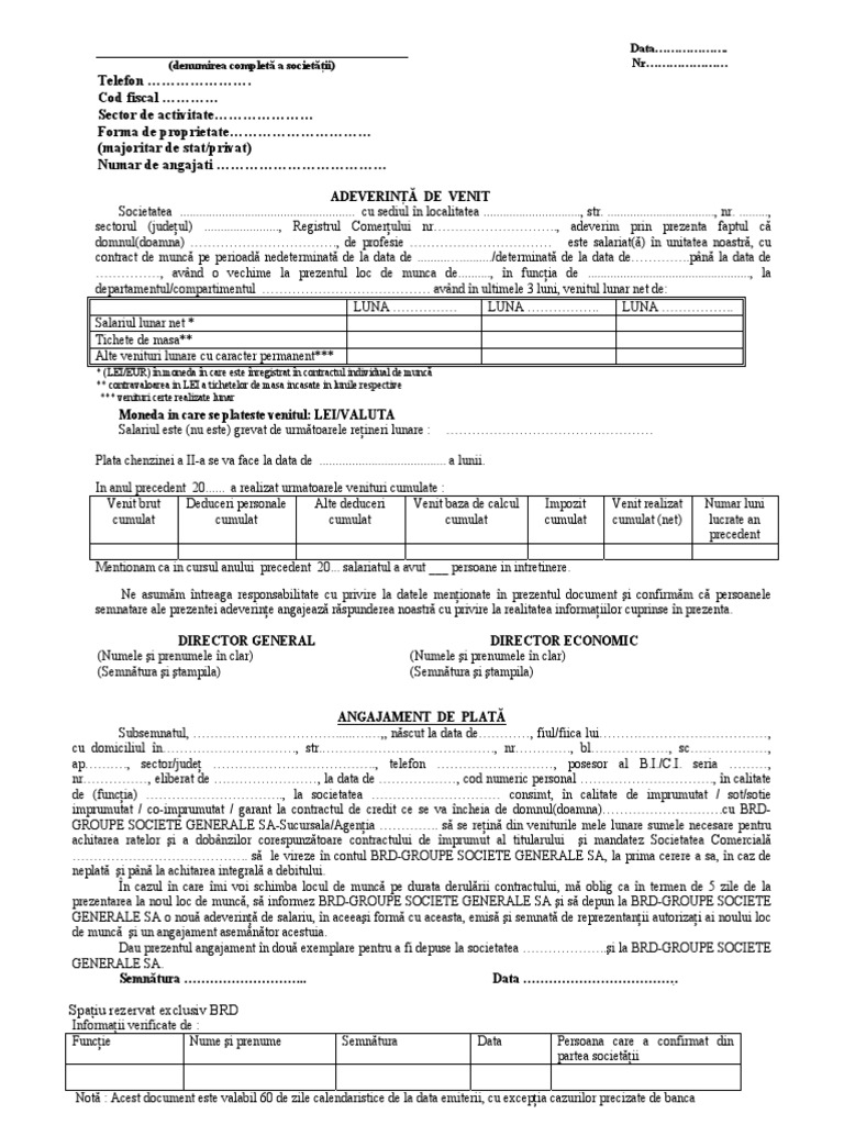 Adeverinta de Venit BRD