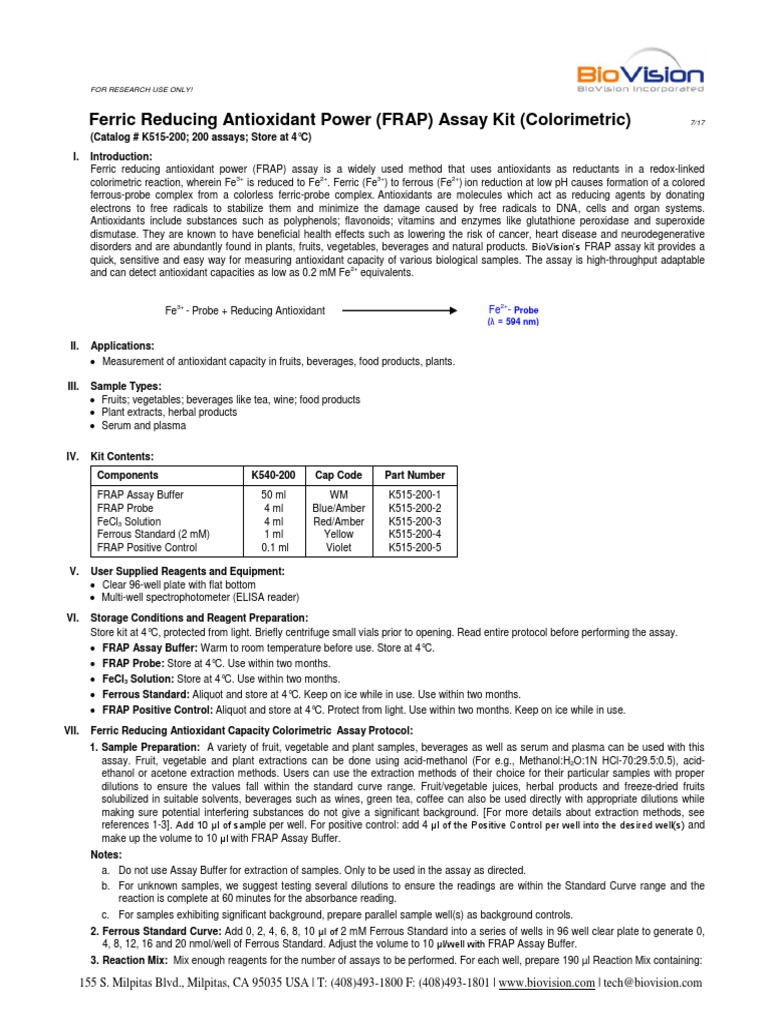 Ferric Reducing Antioxidant Power (FRAP) Assay Kit (Colorimetric) | PDF ...
