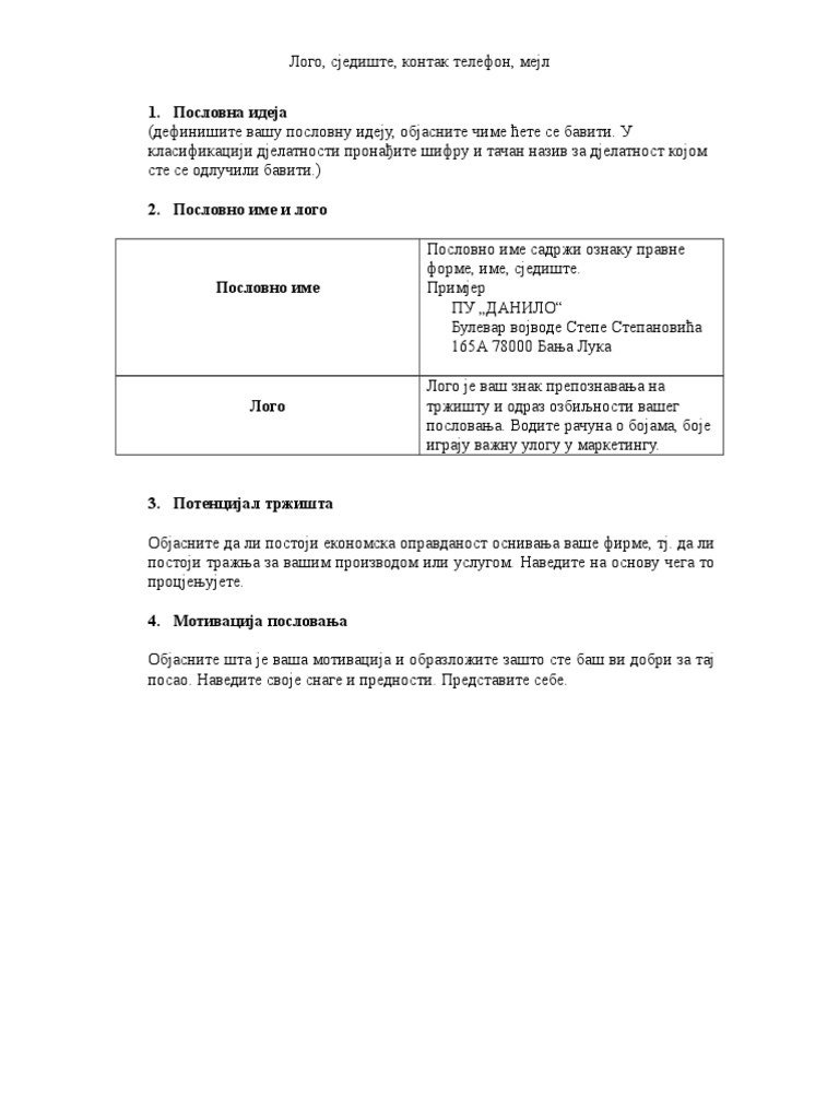 Biznis Plan - Primjer Za Školu | PDF