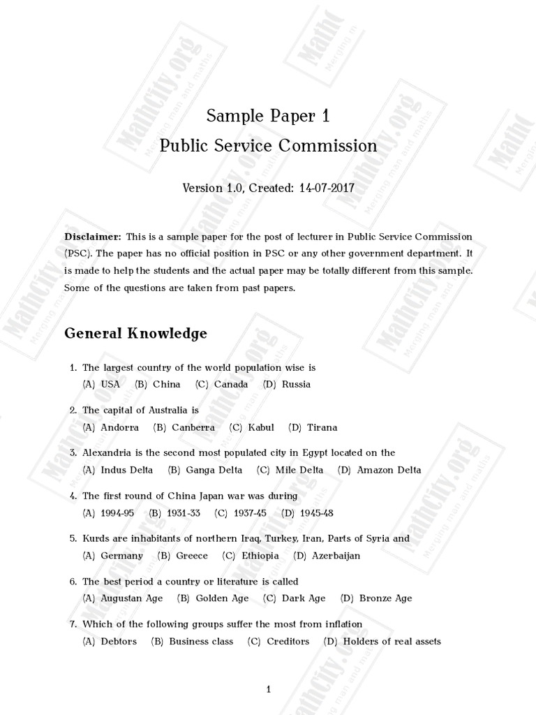 Math PSC MCQ Sample Paper 1 | PDF | Polynomial | Equations