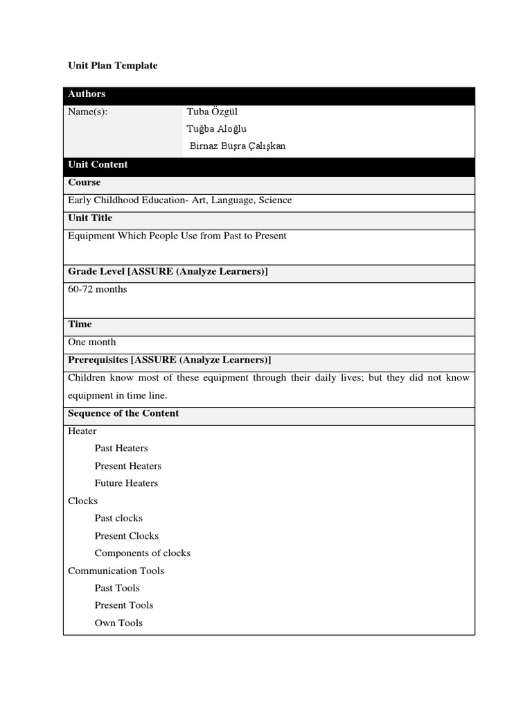Unit Plan for Early Childhood Equipment | PDF