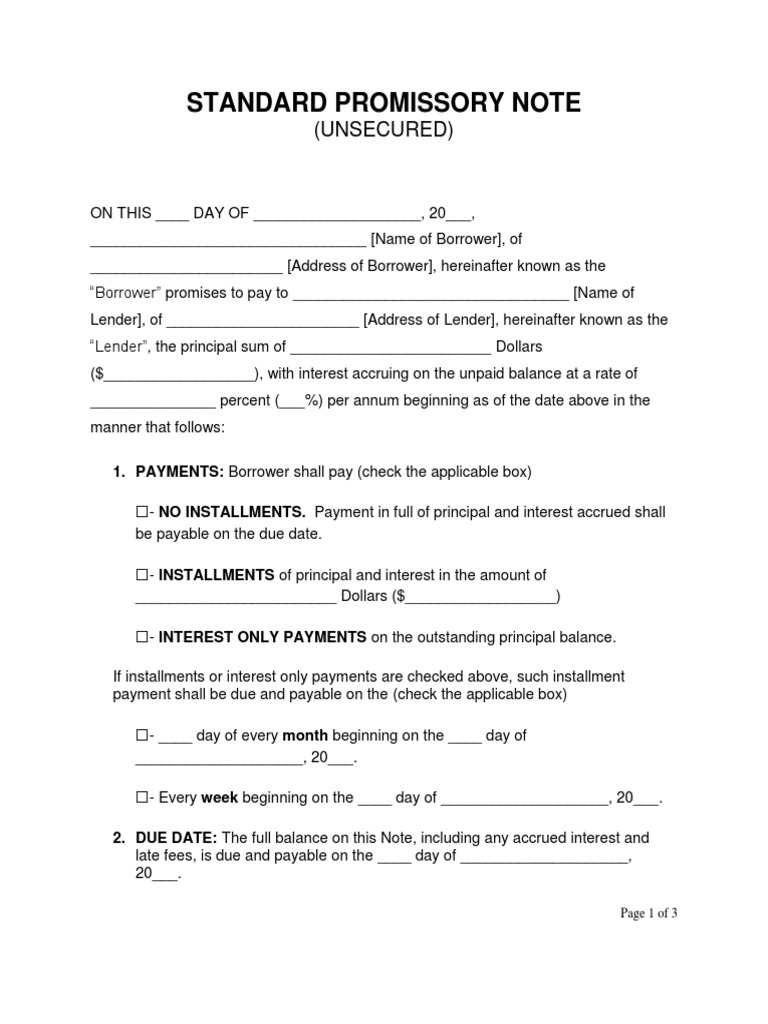 Standard Unsecured Promissory Note Template | PDF | Interest | Common Law