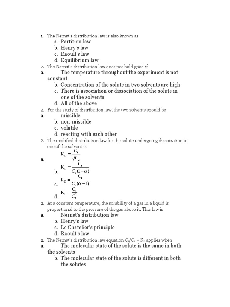 Distribution Law | PDF | Solution | Dissociation (Chemistry)