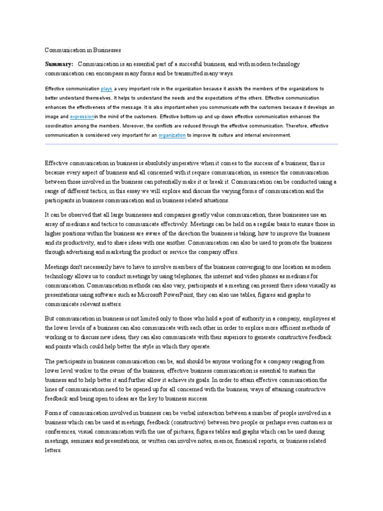 Summary: Communication Is An Essential Part of A Succesful Business ...