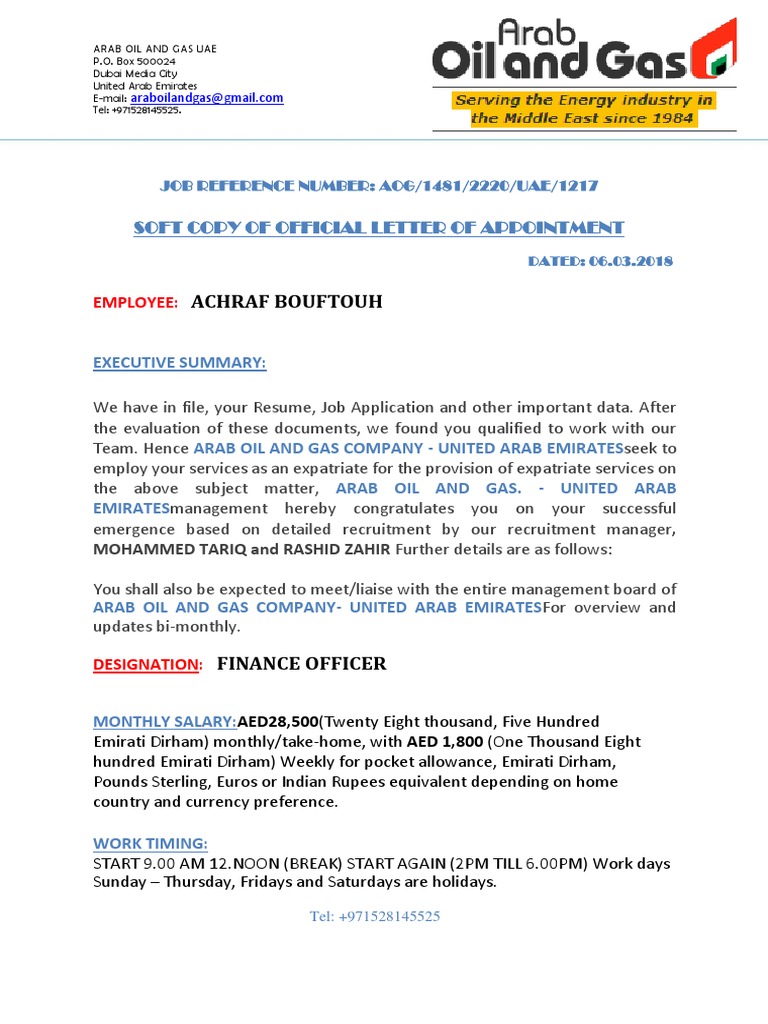 Arab Oil and Gas Uae Letter of Appointment. Fncof Bouftouh | United ...