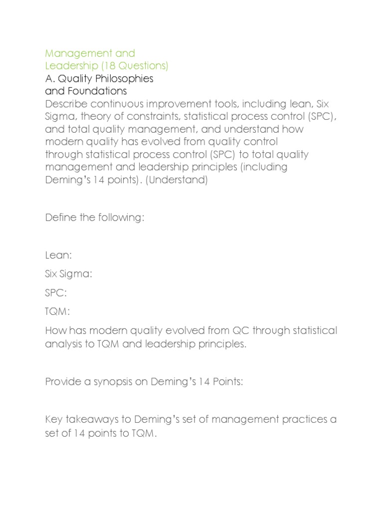 A. Quality Philosophies and Foundations: Management and Leadership (18 ...