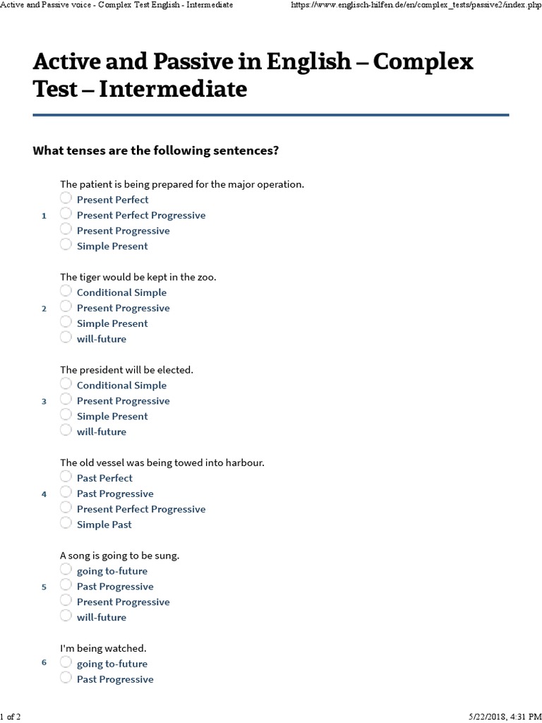 Active and Passive Voice - Complex Test English - Intermediate 2 Q ...