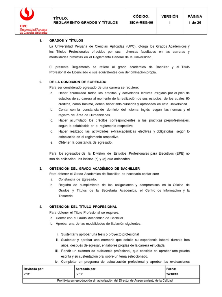 Reglamento de Grados y Títulos UPC | PDF | Titulo academico | Licenciatura