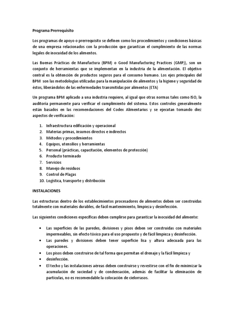 Programa Prerrequisito | PDF | Análisis de Riesgo y Puntos Críticos de Control | Agua