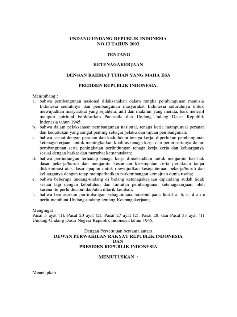 UU No 13 Tahun 2003 TTG Ketenagakerjaan PDF | PDF