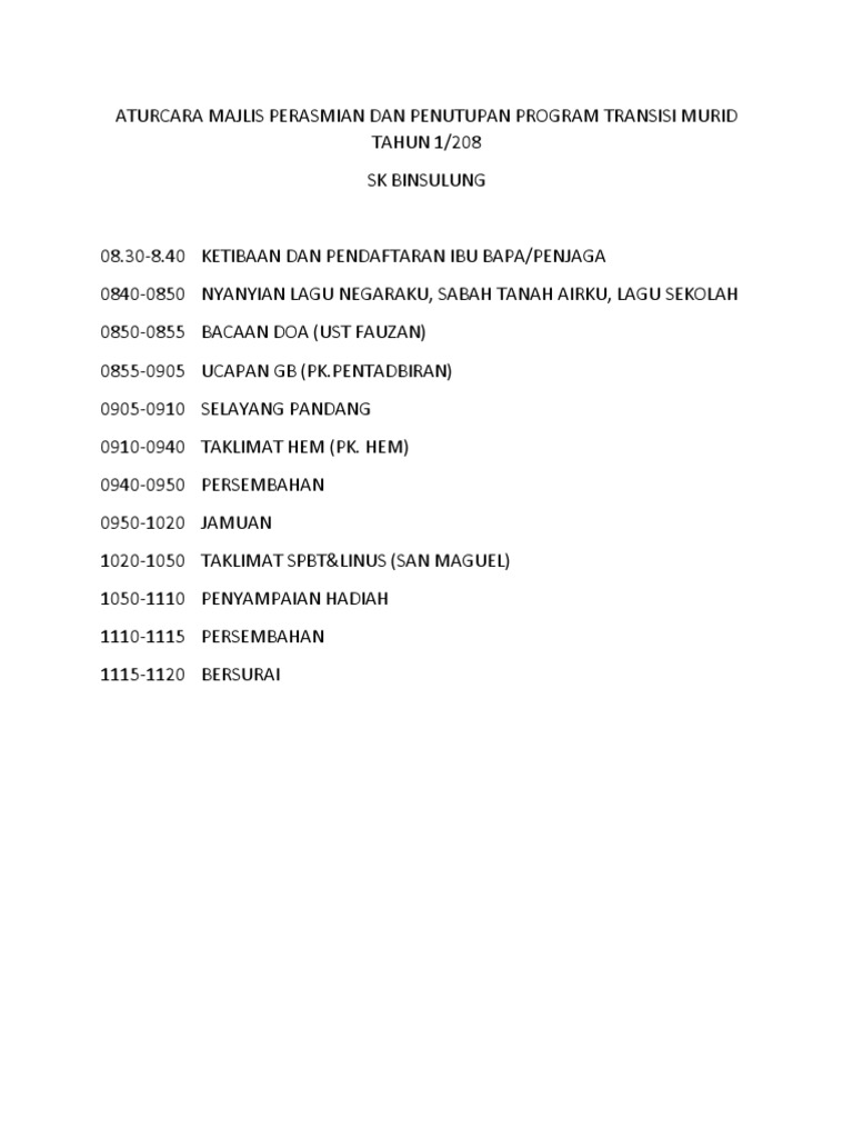 Aturcara Majlis Perasmian Dan Penutupan Program Transisi Murid Tahun 1 ...