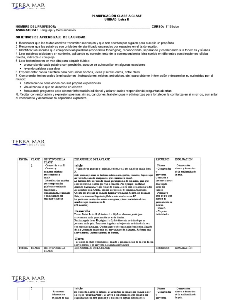 Planificacion Letra R | PDF | Palabra | Fonología