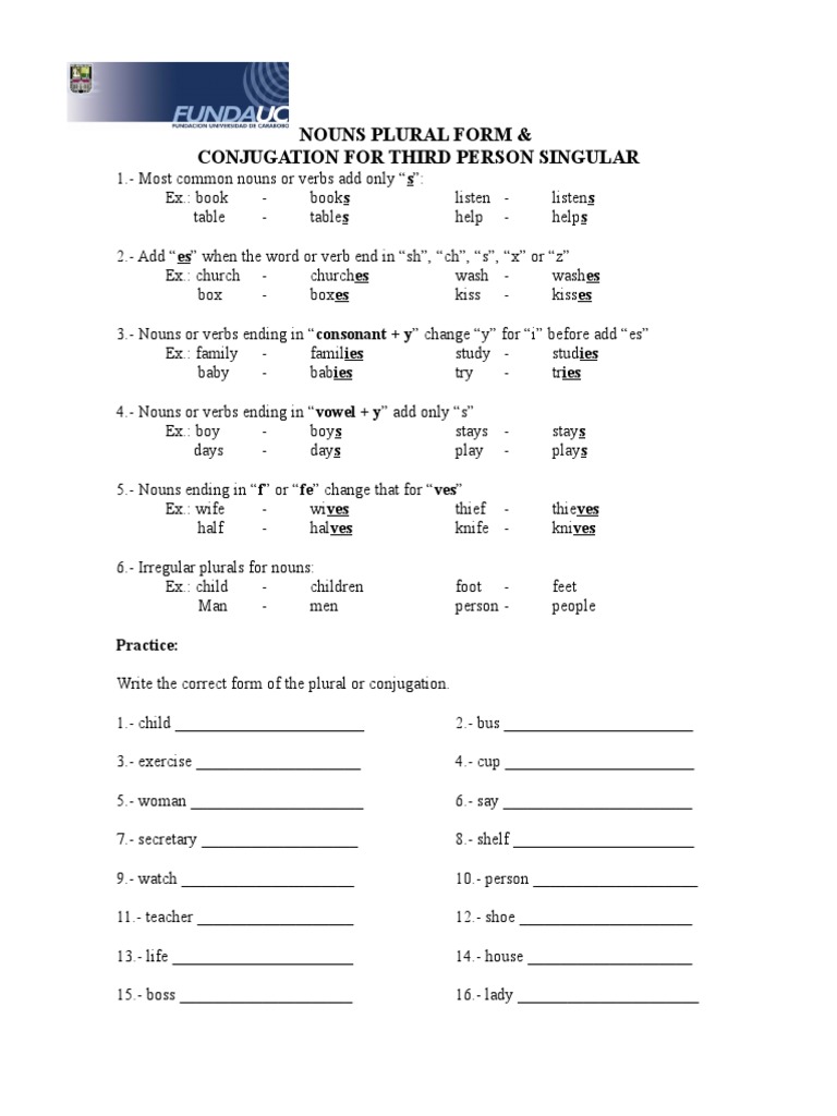 Nouns Plural Form & Conjugation For Third Person Singular: Practice | PDF