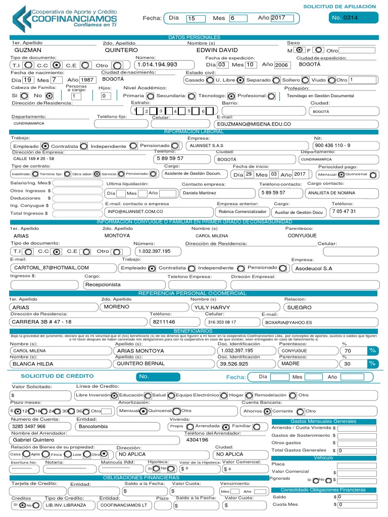 Solicitud de Afiliación de Edwin Guzmán | PDF | Payments | Interest