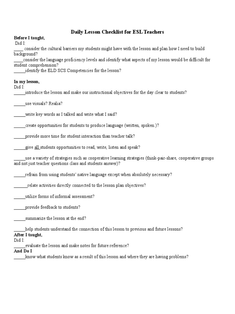 Daily Lesson Checklist For ESL Teachers | PDF | Neuropsychological ...
