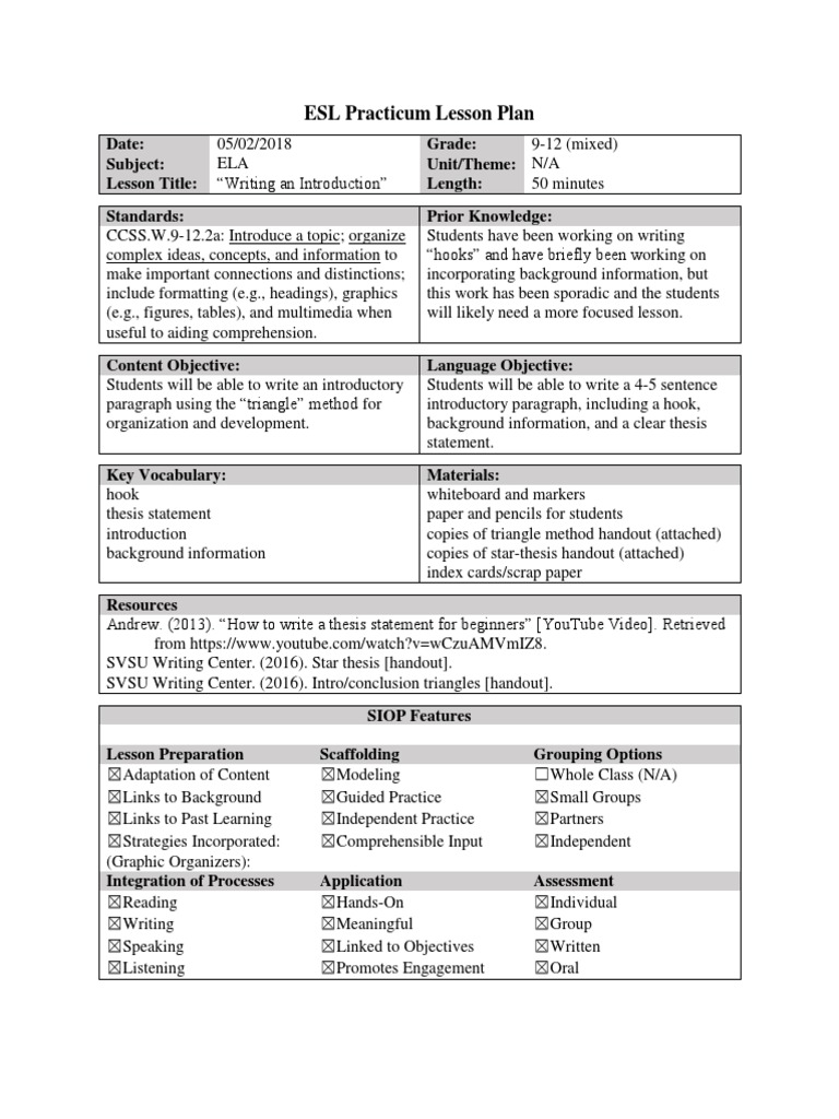 ESL Practicum Lesson Plan | PDF | Thesis | Teachers