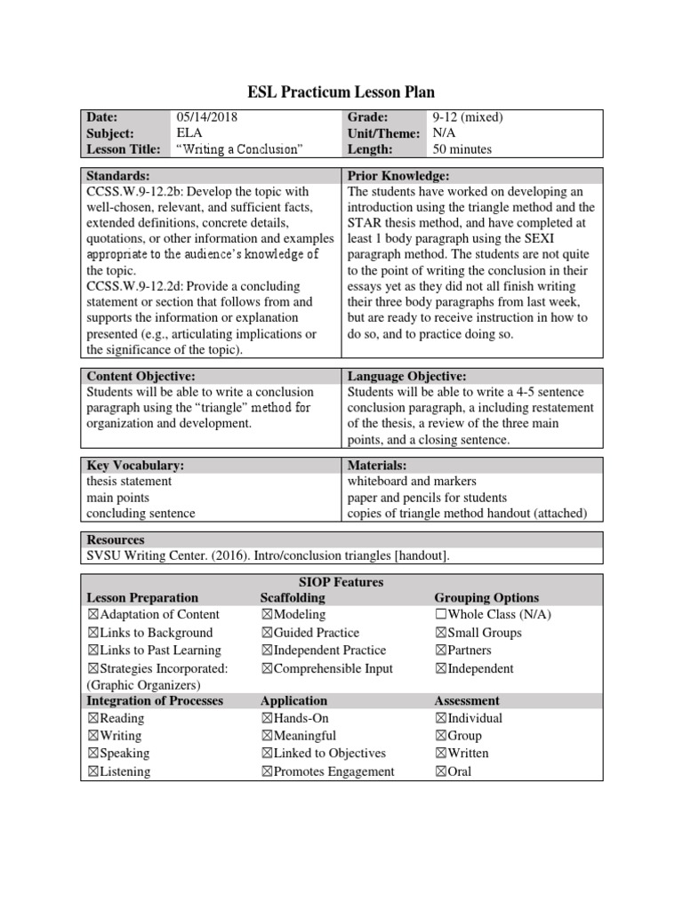 ESL Practicum Lesson Plan | PDF | Lesson Plan | Thesis