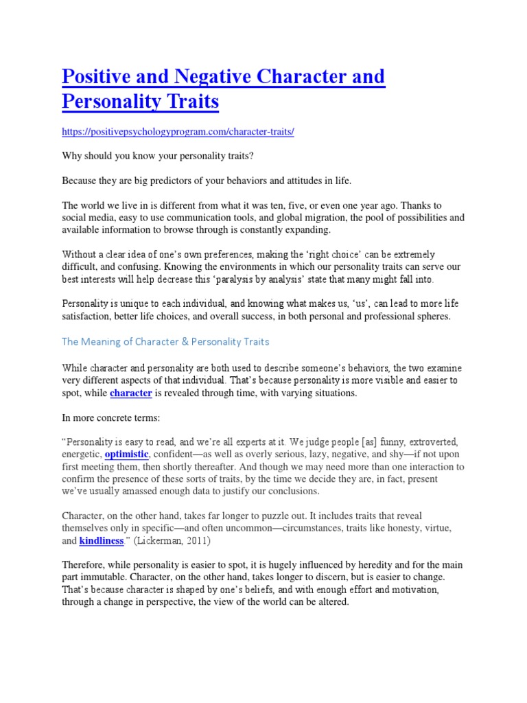Positive and Negative Character and Personality Traits | PDF ...