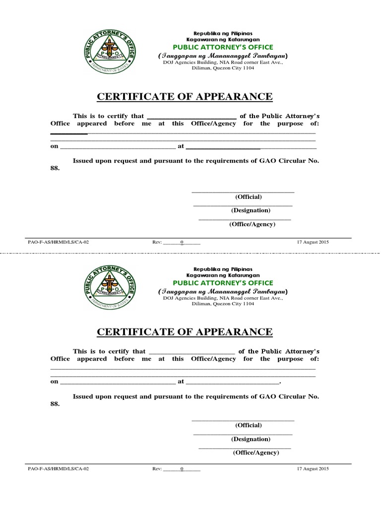 Certificate of Appearance - Blank | PDF
