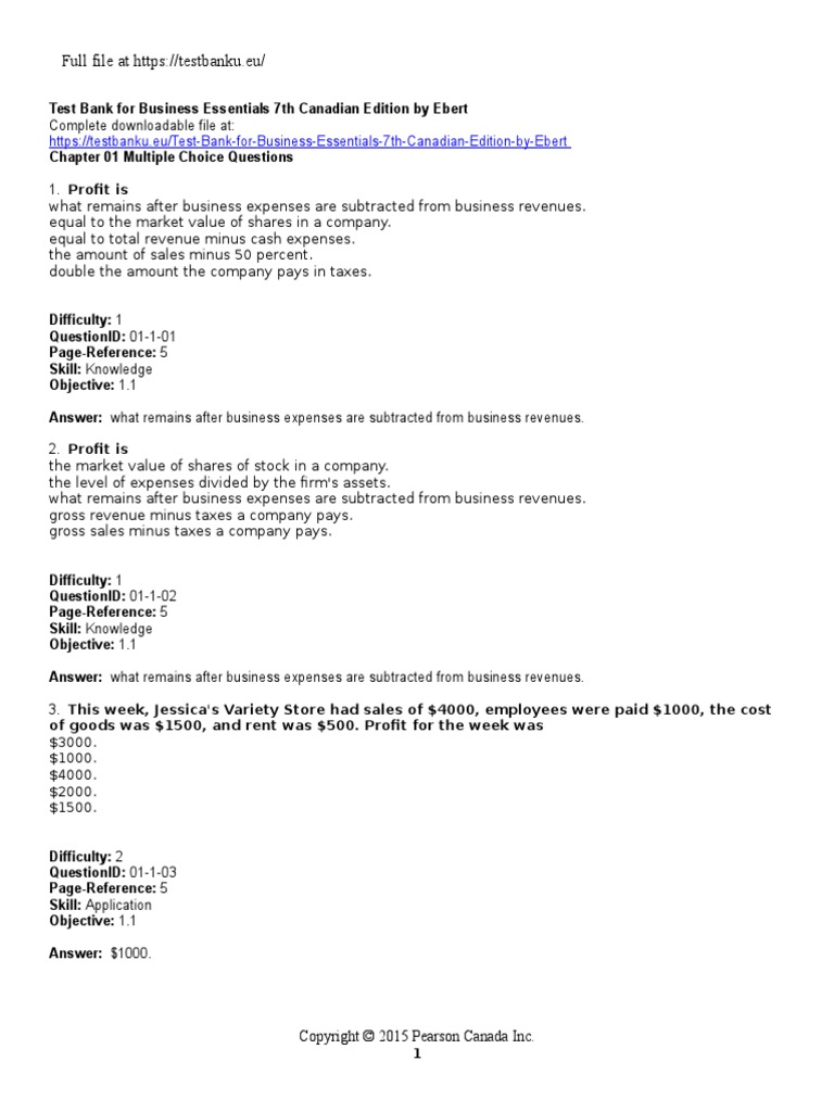 Test Bank For Business Essentials 7th Canadian Edition by Ebert | PDF ...