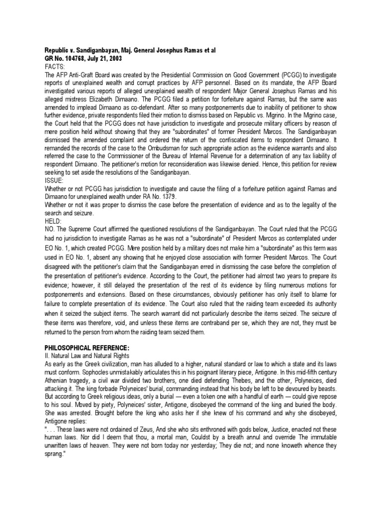Republic v. Sandiganbayan, Maj. General Josephus Ramas Et Al GR No ...