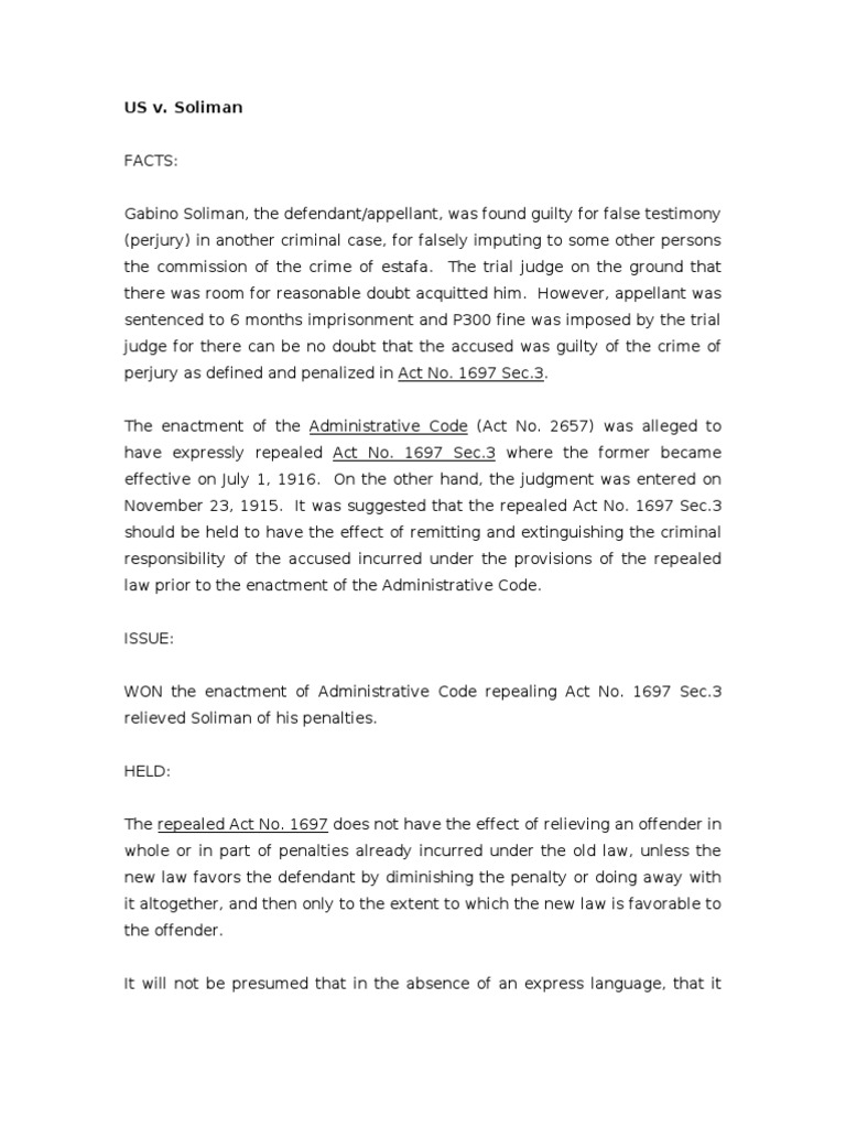 US Vs Soliman - Case Digest - Statcon | PDF | Perjury | Repeal