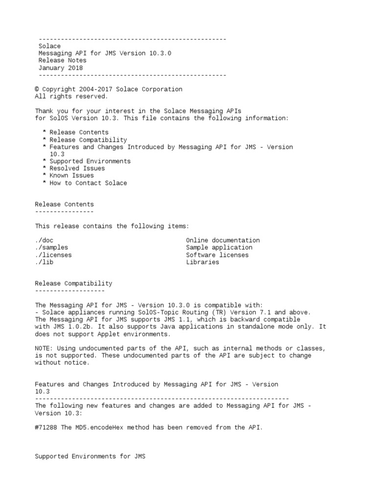 Solace Messaging API JMS Release Notes R1030 Iss01 | PDF | Application ...