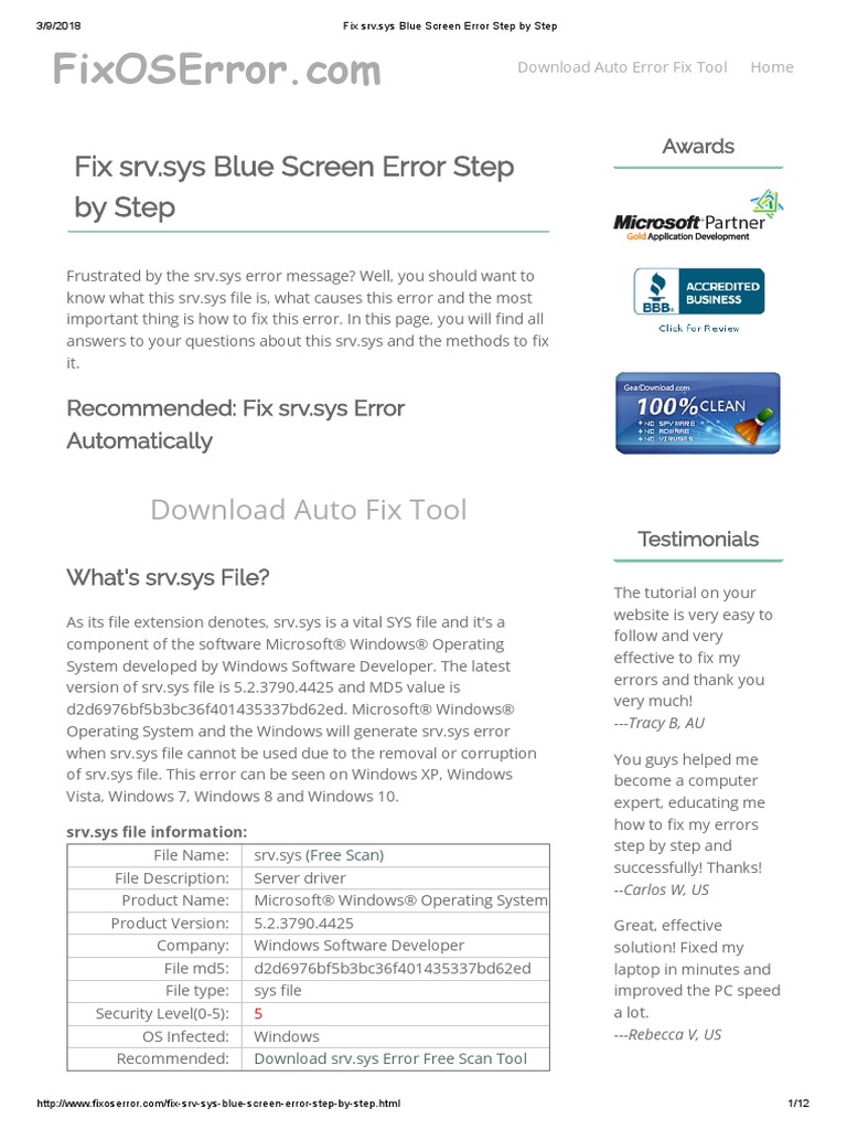 Fix SRV - Sys Blue Screen Error Step by Step | PDF | Microsoft Windows | Malware