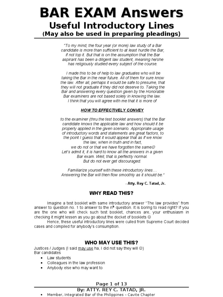 Bar Exam Answers Useful Introductory Lines | PDF | Test (Assessment ...