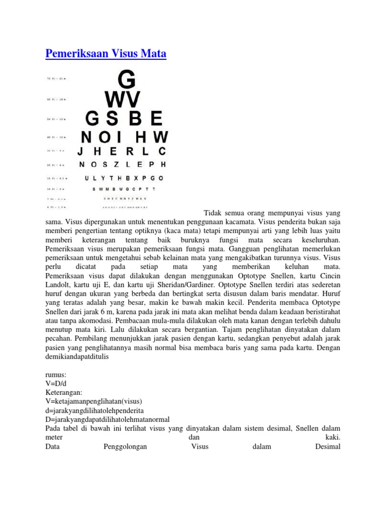 Snellen Test Lengkap - Pemeriksaan Visus Mata | PDF