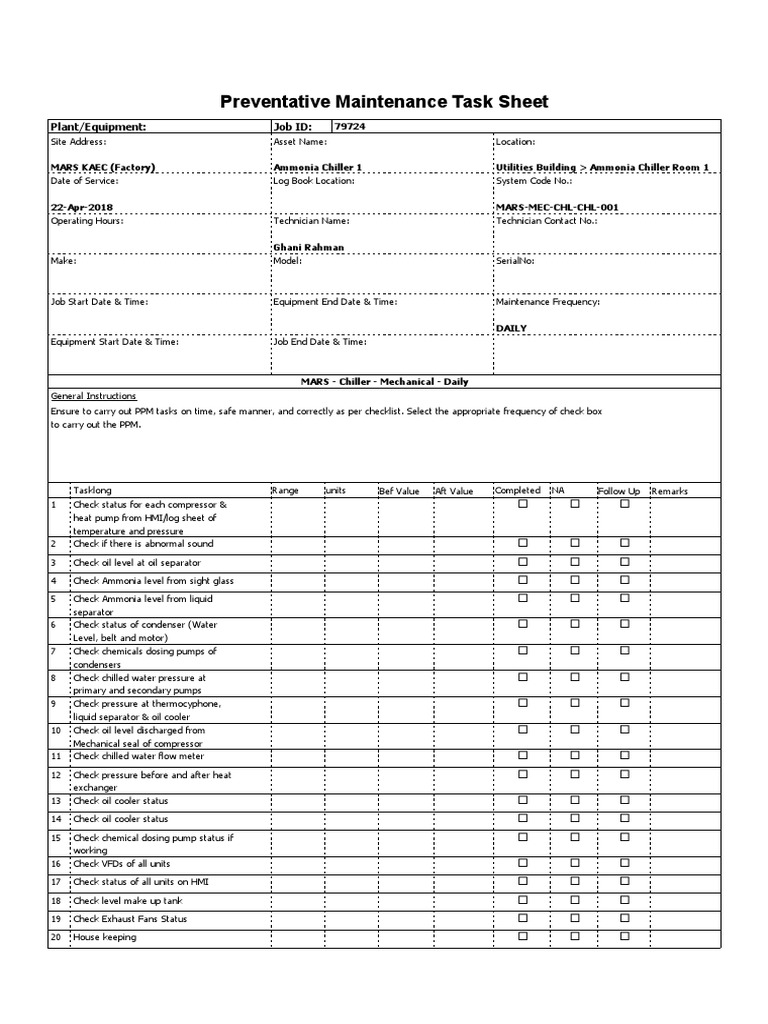 Preventative Maintenance Task Sheet: Plant/Equipment: Job ID | Download ...