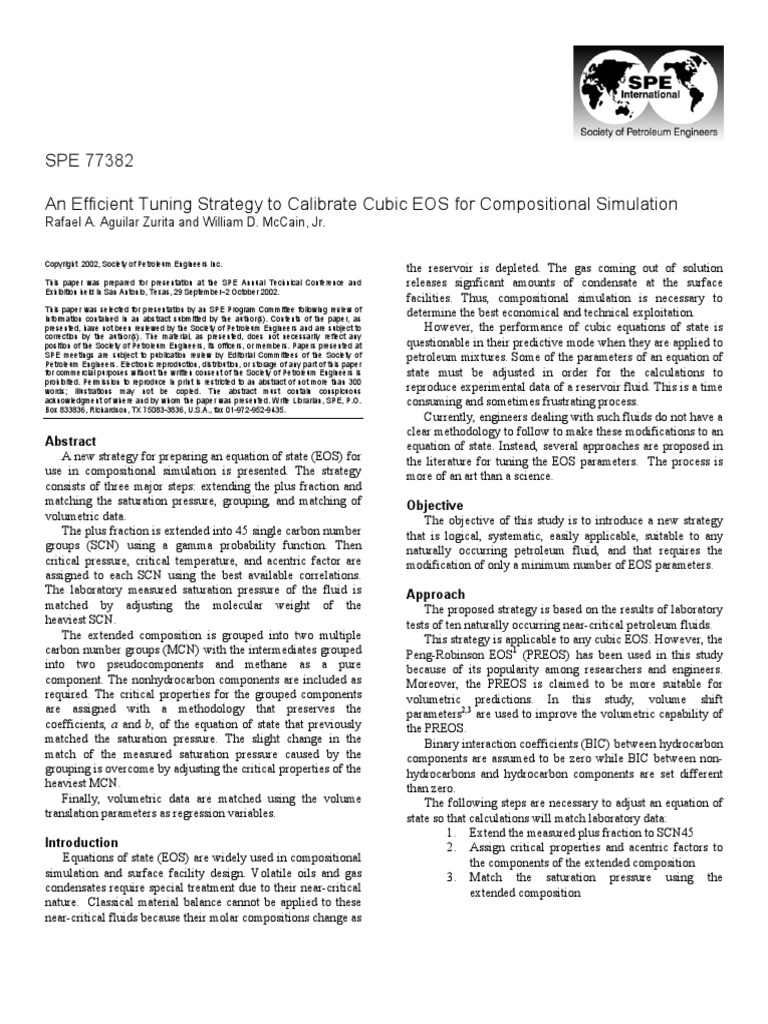 An Efficient Tuning Strategy To Calibrate Cubic EOS For Compositional Simulation | PDF ...