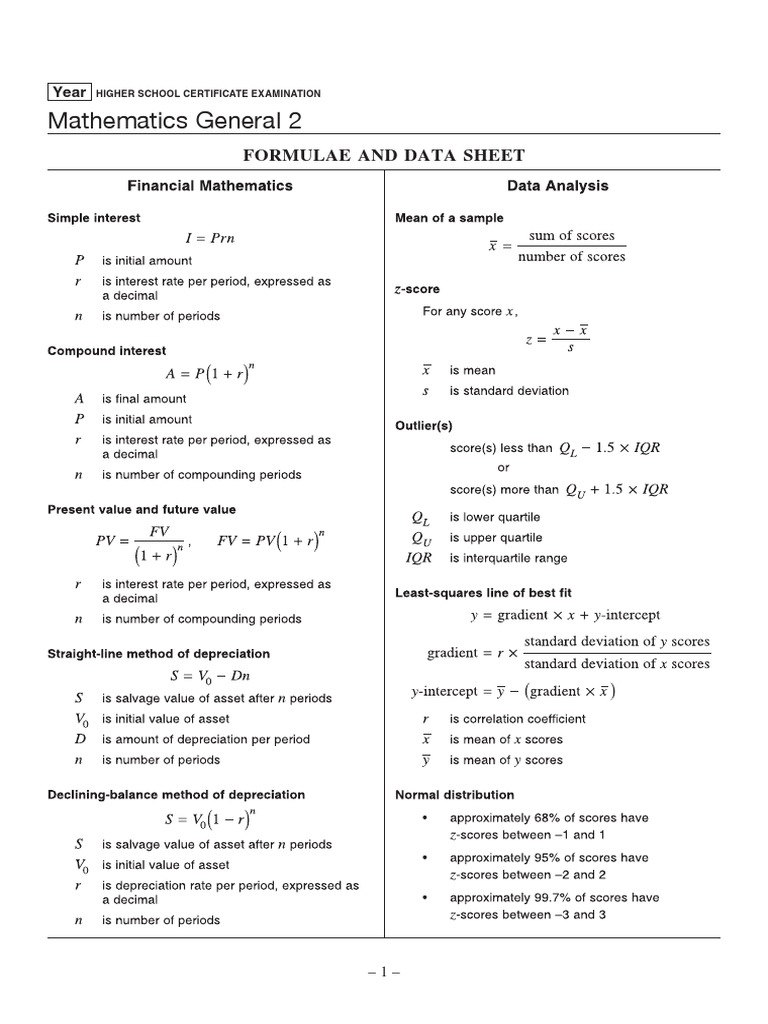 Mathematics General 2 Formulae and Data Sheet HSC 2 | PDF