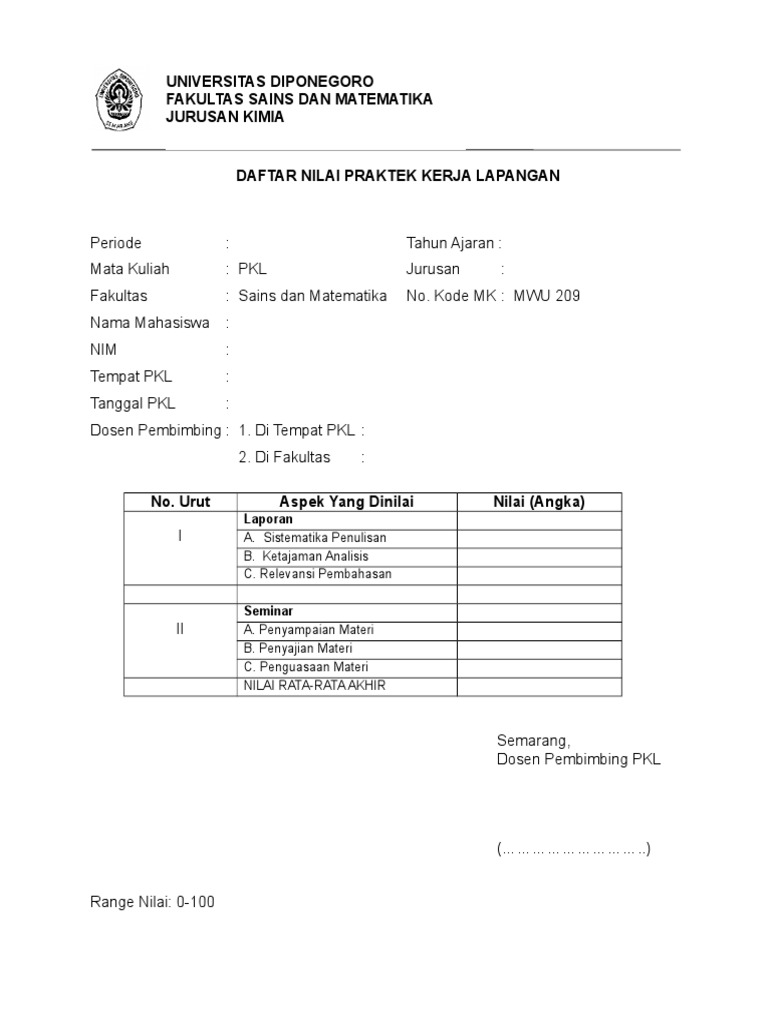 Form Nilai PKL, BA Seminar Dan Absen | PDF