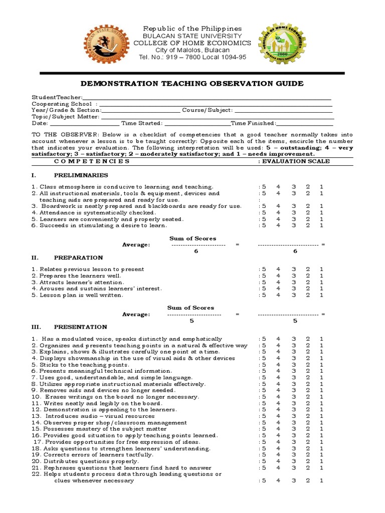 Demonstration Teaching Observation Guide: Republic of The Philippines ...