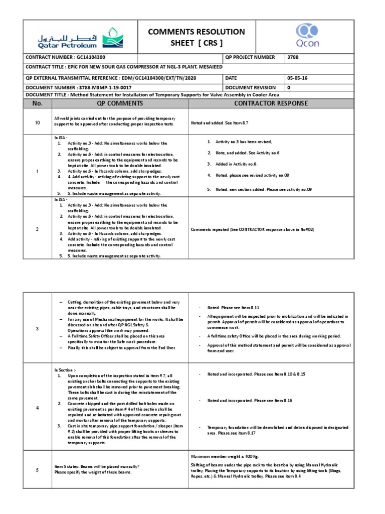 Comments Resolution Sheet (CRS) : No. QP Comments Contractor Response ...