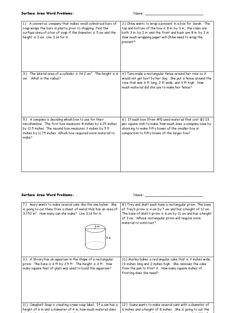 Surface Area Word Problems Worksheet | PDF | Area | Surface Area