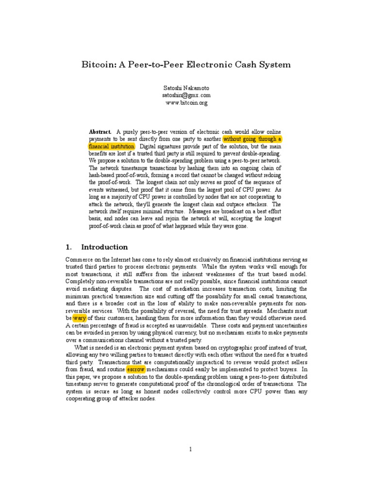 Satoshi Nakamoto Whitepaper On Bitcoin Pdf Public Key Cryptography