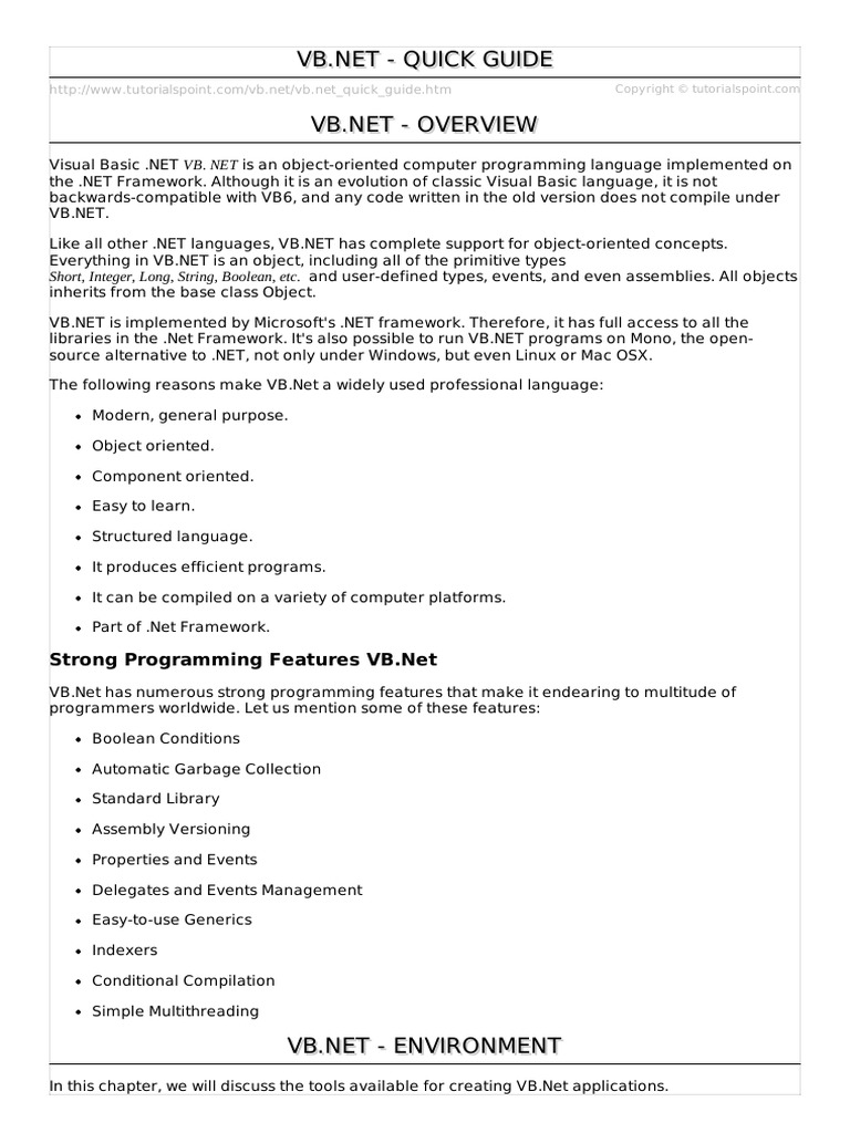Quick Guide PDF | PDF | Visual Basic .Net | Class (Computer Programming)