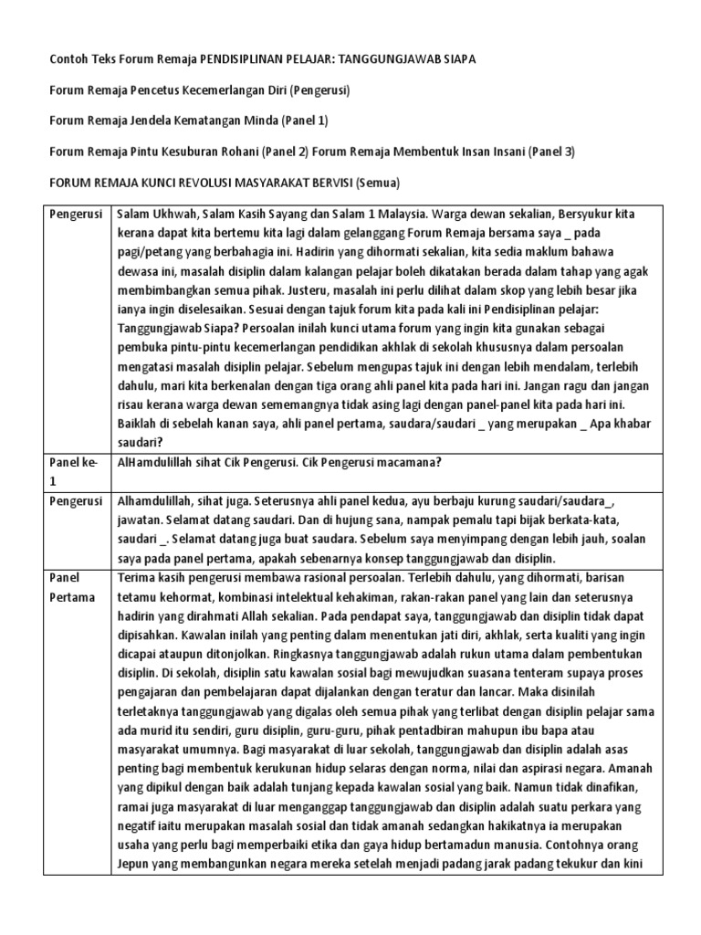 Contoh Teks Forum Remaja Pendisiplinan Pelajar | PDF