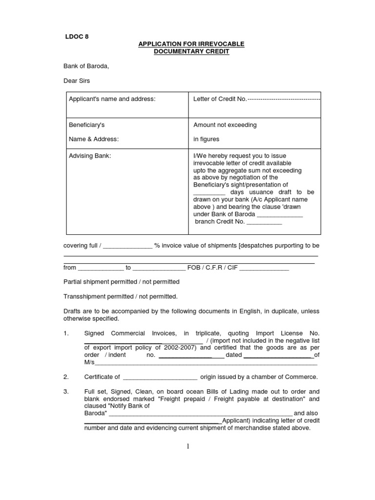 LC Application Form | PDF | Bill Of Lading | Indemnity