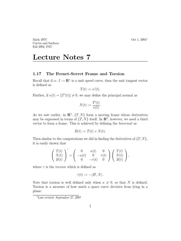 Lecture Notes 7 117 The Frenet Serret Frame And Torsion Pdf