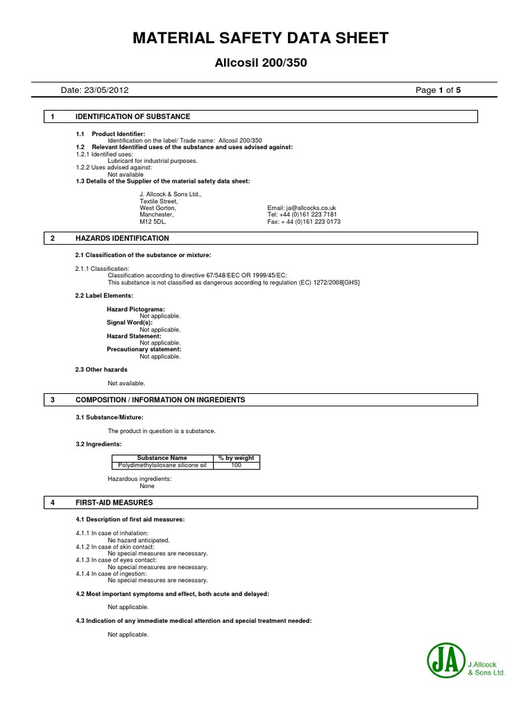 Silicone 350 Ccs MSDS 101014 PDF | PDF | Toxicity | Chemistry